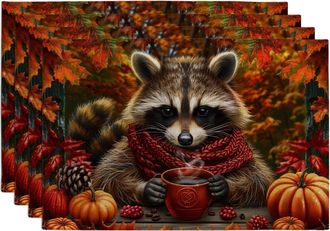 Generic Herbst-Waschbär Platzsets, Warmorange Tier Platzsets für Esstisch, rutschfest, waschbar, für drinnen und draußen, Party, dekoratives Tischset 4 Stück