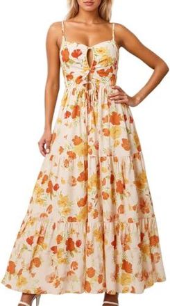 Generic Robe amincissante d&eacute;t&eacute; d&eacute;contract&eacute;e pour femme - Imprim&eacute; floral - Taille maxi &eacute;lastique - V&ecirc;tement &eacute;l&eacute;gant, Orange, XL
