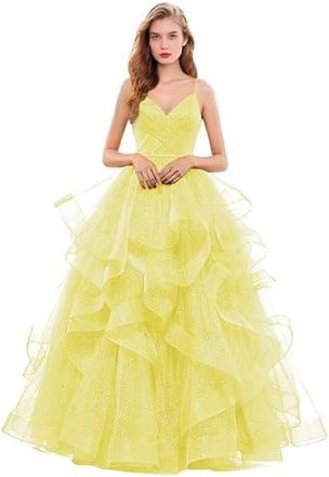 Generic Robe de bal en tulle pailleté avec col en V et bretelles spaghetti, robe de demoiselle dhonneur, robe de soirée formelle longue à étages, jaune clair,