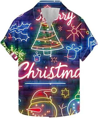 Generic Chemises de No&euml;l pour homme &agrave; manches courtes boutonn&eacute;es hawa&iuml;ennes imprim&eacute;es sapin de No&euml;l P&egrave;re No&euml;l f&ecirc;te vacances plage tropicale T-shirts hauts, bl