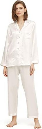 LilySilk Pyjama en Soie 2 Pi&egrave;ces, Chemise Boutonn&eacute; en Manches Longues et Pantalon Fluide pour Femmes Blanc Naturel Grand