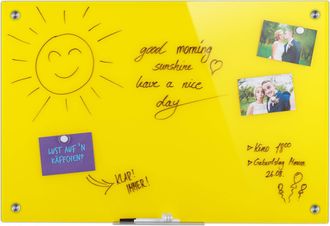 Relaxdays Glas Magnettafel, beschreibbar, mit Stiftehalter, kratzfestes Sicherheitsglas, Glasmagnetwand 60x90 cm, gelb