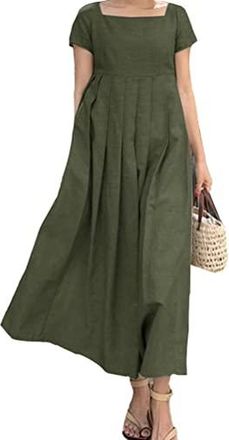 Onsoyours Femmes Coton Lin Robes Décontracté à Manches Courtes Couleur Unie Robes Mi-Longues Robe Evasée Robes Fluides Amples Eté D Vert Armée 3XL