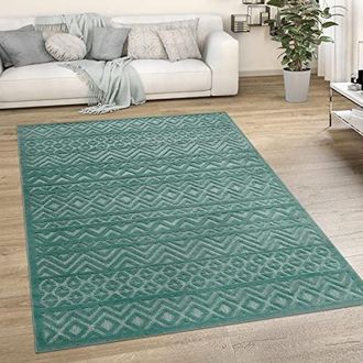Paco Home Tapis Exterieur Terrasse Salon Cuisine Motif Scandinave Motif Ethnique Uni, Dimension:160 cm Rond, Couleur:Turquoise