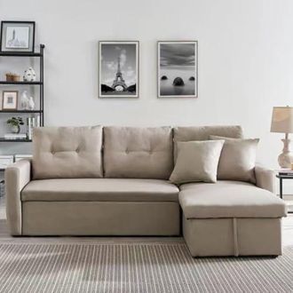 Concept Usine | Canap&eacute; dangle Convertible 4 Places | Design Malmo Tissu Beige | Style Moderne | Canap&eacute; Lit avec Coffre de Rangement Int&eacute;gr&eacute; | Confortable, Tendance,