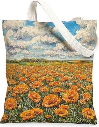 Generic Sac fourre-tout en toile de fleurs de calendula printani&egrave;res pour le shopping, 33 x 38,1 cm, sac d&eacute;picerie r&eacute;utilisable pour femme, paysage naturel, p
