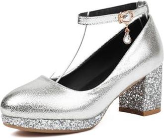 Generic Escarpins Rétro Femme Style Mary Jane À Bout Rond Finition Pailletée Bride Cheville avec Breloque Cristal Talons Carrés Moyens Chaussures Habillées Él