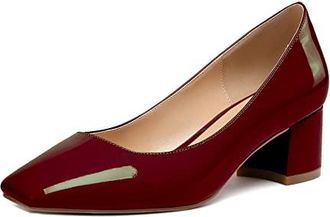 elashe Femme Bout Carré Escarpins, 5cm Bloc Petit Talon, Bout Fermé À Enfiler Pumps Verni Vin RougeEU40