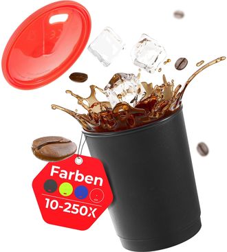 Achilles Kaffeebecher mit Deckel, Kunststoffbecher, Mehrwegbecher, Trinkbecher, LFGB geprüft, spülmaschinenfest, stapelbar, 330 ml, Becher schwarz, Deckel rot,
