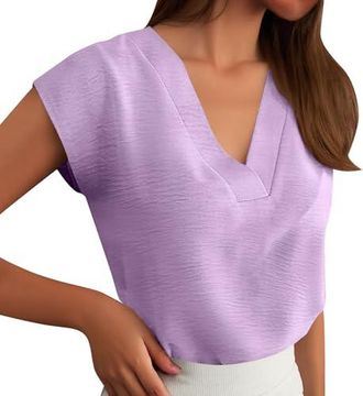Generic Haut à manches courtes texturées pour femmes, chemises habillées et décontractées à col en V 2025, violet clair, XXL