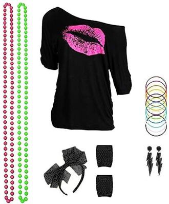 Generico Tenue des ann&eacute;es 80 et 90 pour femme - T-shirt chauffe-jambes avec bandeau pour la t&ecirc;te, boucles doreilles, collier, gants en filet, accessoires de f&ecirc;