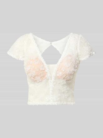 Luxuar Fashion Cropped Blusenshirt mit Perlen und V-Ausschnitt
