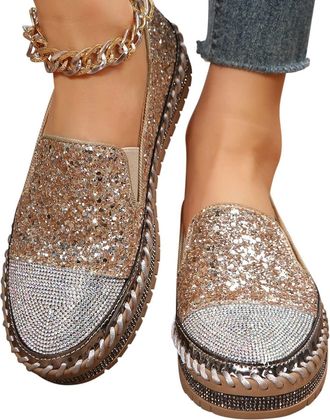 Minetom Damen Pailletten Canvas Slip-On Sneakers Weiche Wanderschuhe Flache Strass Glitzer Loafer Mit Gummisohle Freizeitschuhe A Gold 38 EU