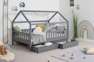 Ticaa Kinderbett Hausbett Montessori Kay 90x200, 100x200 cm, 120x200 cm, 140x200 f&uuml;r Jungen & M&auml;dchen mit Schubladen, Rausfallschutz & Rolllattenrost - aus 