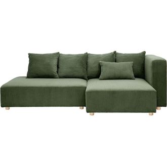 Miliboo Ecksofa rechts 3-Sitzer in kaki gr&uuml;nem Cordstoff und hellem Holz HARLEM