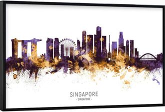 artboxONE Poster mit schwarzem Rahmen 30x20 cm St&auml;dte/Singapur Singapore Skyline PurpleGold - Bild Singapore