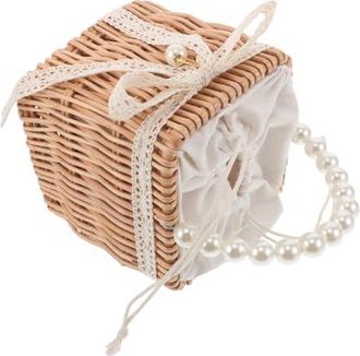 Holibanna POPETPOP Sac Panier Rotin pour Femme Sac à Épaule Tissé Main avec Chaîne Perles Fausse avec Noeud Ruban Dentelle Plage et Marché