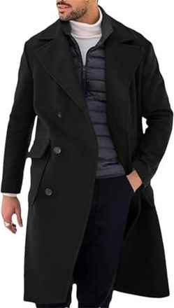 Generic Manteau dhiver décontracté mi-long en laine pour homme, col rabattable, double boutonnage, veste solide avec poche, noir, Medium