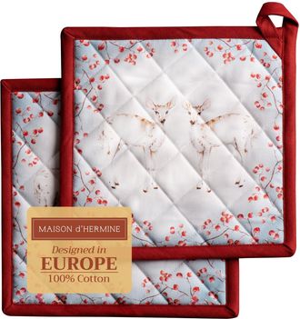 Maison d'Hermine Topflappen, 100% Baumwolle Topfhalter, 2er-Set, hitzebeständig, mit Schleife, Hot Pads, für Küche, Backen, Koch, Fairy Tale Forest - Erntedankfest/Wei