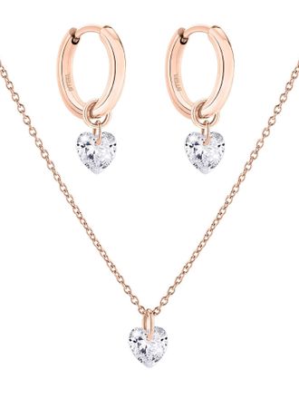 Tamaris Schmuck-Set mit Zirkonia-Stein - Halskette mit Herz-Anh&auml;nger und Creolen mit Herzanh&auml;ngern - IP Ros&eacute;gold - Ankerkette verstellbar bis 45 cm - wasserfe