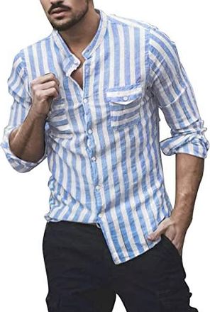 Generic Chemise de plage en lin pour homme - Chemise ray&eacute;e fine en lin - Polo pour homme - Coupe ajust&eacute;e - Manches longues - Col en V - T-shirt graphique pour