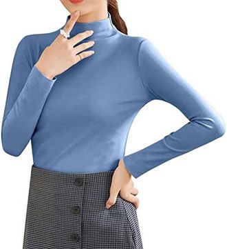 Minetom Pull Col Roul&eacute; Femme Chemise Manches Longues Pull Basique El&aacute;stique T-Shirt Casual sous-v&ecirc;tement Thermique Hauts Tops Bleu L