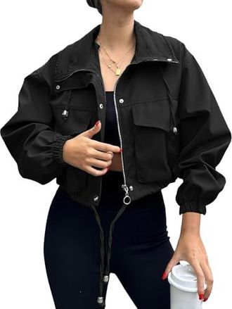 Generic Blouson aviateur noir pour femme, veste courte zipp&eacute;e, cargo l&eacute;ger, ample, surdimensionn&eacute;, utilitaire