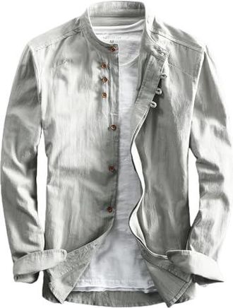 Generic Chemise &agrave; col mandarin en lin m&eacute;lang&eacute; pour homme, chemise d&eacute;contract&eacute;e &agrave; manches longues boutonn&eacute;e pour le printemps et l&eacute;t&eacute;, gris clair, 7XL