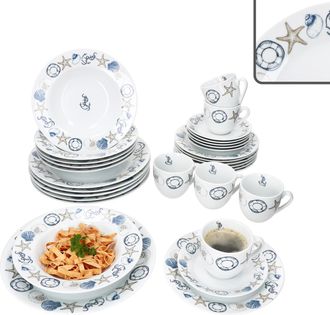MamboCat Neptun 30tlg Kombiservice I Porzellan Geschirrset mit maritimen Motiven Anker, Muschel & Co f&uuml;r 6 Personen I je 6X Tassen, Untertassen, Kuchen-, Suppe