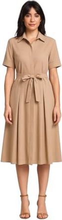 Multiples Robe Beige mi-Longue Femme &agrave; col Montant, Manches Courtes et Ceinture, Grande Taille Disponible, Fabriqu&eacute; en France