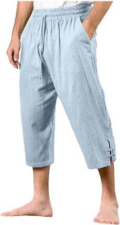 Generic Pantalon 3/4 en lin pour homme - Pantalon de jogging court en coton &agrave; s&eacute;chage rapide - Short baggy en lin - Short d&eacute;t&eacute; d&eacute;contract&eacute; - Couleur unie - Pa