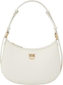 Pinko Half Moon Mini FL en Soie de Veau, Sac Femme, Z14q_Blanc satiné doré Vieilli