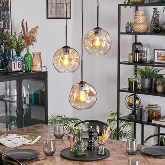 HOFSTEIN Hängeleuchte Ripoll, 3-flammige Hängelampe aus Metall/Glas in Schwarz/Bernsteinfarben/Klar, moderne Pendelleuchte im Retro/Vintage-Design (Schirme Ø 2