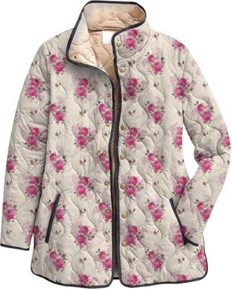 Generic Veste matelassée rétro à manches longues pour femme, motif floral imprimé, col montant boutonné, veste rembourrée avec poches, manteaux chauds pour la