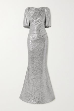 Talbot Runhof Robe Aus Verziertem Stretch-jersey Mit Raffungen Und Cape-effekt In Metallic-optik - Silber