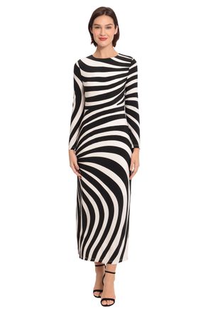Donna Morgan Womens Striped Long Sleeve Easy Body Maxi Dress, Ivory/Black