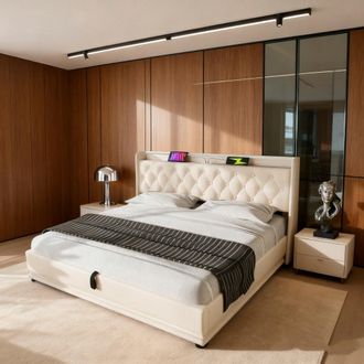 Generic Polsterbett 140x200 cm mit 360&deg; Surround-LED & App-Steuerung - Wei&szlig;es PU-Material, hydraulisches Stauraum & USB-C - Ohne Matratze