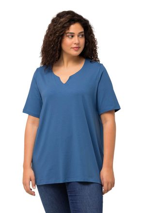 Ulla Popken Damen gro&szlig;e Gr&ouml;&szlig;en &Uuml;bergr&ouml;&szlig;en Plus Size T-Shirt, A-Linie, Tunika-Ausschnitt, Halbarm denimblau 62+ 807259721-62+