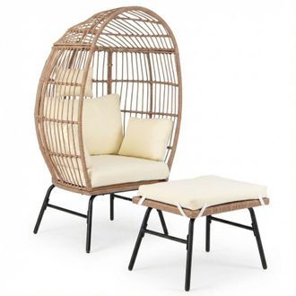 Costway Fauteuil OEuf en Rotin PE avec Ottomane, Chaise dInt&eacute;rieur et dExt&eacute;rieur avec Coussins et Oreillers, Repose-pieds, pour Balcon, Porche, Salon