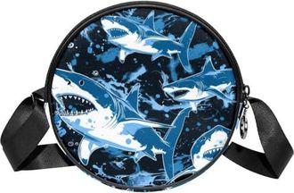 Generic Petit sac &agrave; bandouli&egrave;re rond rond pour femme, motif requins, avec fermeture &eacute;clair, bretelles r&eacute;glables, style d&eacute;contract&eacute;