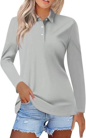 Generic Polo uni à manches longues en coton piqué de qualité supérieure pour femme - Tendance automne 2024 - Extensible et respirant - Pour intérieur et extér