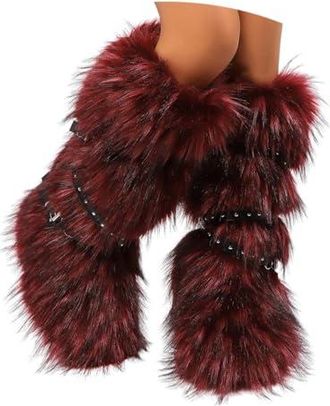 ORANDESIGNE Femme Bottine en Peluche Fourrure Hiver Bottes de Neige Plate Bottines Fourrées Y2K avec Boucle de Ceinture A Vin Rouge 38 EU