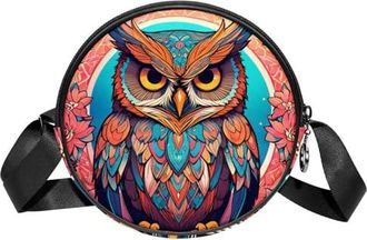 Generic Sac &agrave; bandouli&egrave;re rond pour femme, motif hibou color&eacute; avec fermeture &eacute;clair, bretelles r&eacute;glables, sac &agrave; main rond d&eacute;contract&eacute; pour femmes et filles
