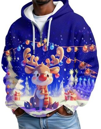 Generic Sweat à capuche de Noël pour homme Pull à capuche avec motif de Noël Bonhomme de neige et arbre de Noël Sweat-shirt à manches longues Mode décontracté