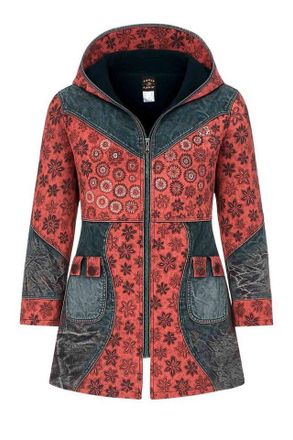 Kunst und Magie Langjacke Vintage Damen Mantel + Kapuze Stonewashed Jacke Baumwolle Boho Vintage Stonewashed