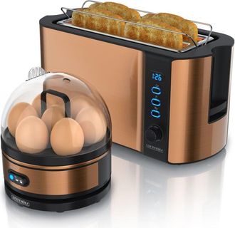 Arendo Set Toaster frukost mit Eierkocher sevencook Edelstahl Kupfer, Toaster 4 Scheiben, LED-Display, 6 Br&auml;unungsgrade, Br&ouml;tchenhalter - Eierkocher - Arendo