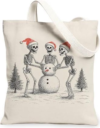 Generic Sacs fourre-tout en toile motif squelette de No&euml;l, motif vacances fantaisie, sacs d&eacute;picerie r&eacute;utilisables, r&eacute;tro, l&eacute;gers, lavables, beige, 13x15 Inch