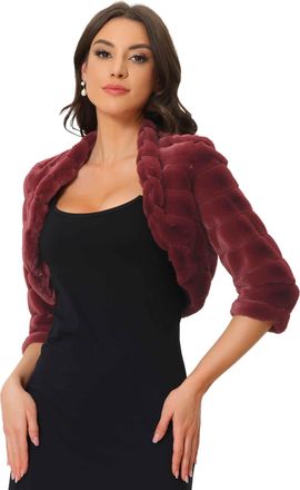 Allegra K Damen Kurze Jacke 3/4 &Auml;rmel Vorne Offener Kunstpelz Flauschige Shrug Bolero Burgund L