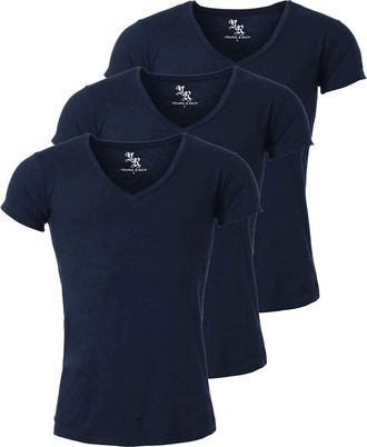 Young & Rich Herren Uni T-Shirt mit extra tiefem V-Ausschnitt Slimfit Stretch Dehnbare Passform einfarbiges Basic Shirt - 3er Pack, Gr&ouml;sse:3XL, Farbe:Dunkelblau