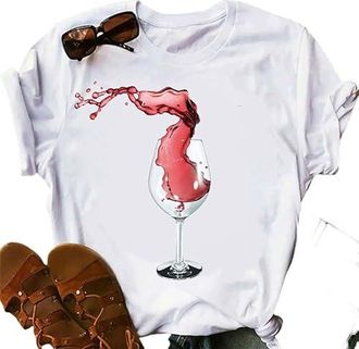 Keephen Verre &agrave; Vin T-Shirt pour Femmes Nouveaut&eacute; Verre &agrave; Vin Impression 3D T-Shirts &Eacute;t&eacute; Col Rond Manches Courtes Chemises &Eacute;t&eacute; Tee Casual Tops